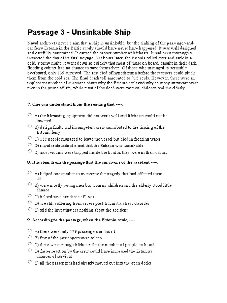 Passage 3 - Unsinkable Ship: 7. One Can Understand From The Reading ...