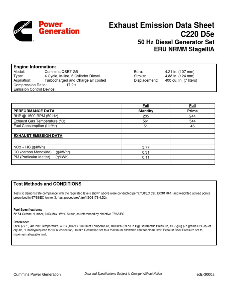 Exhaust Emission Data Sheet C220 D5e: 50 HZ Diesel Generator Set Eru ...