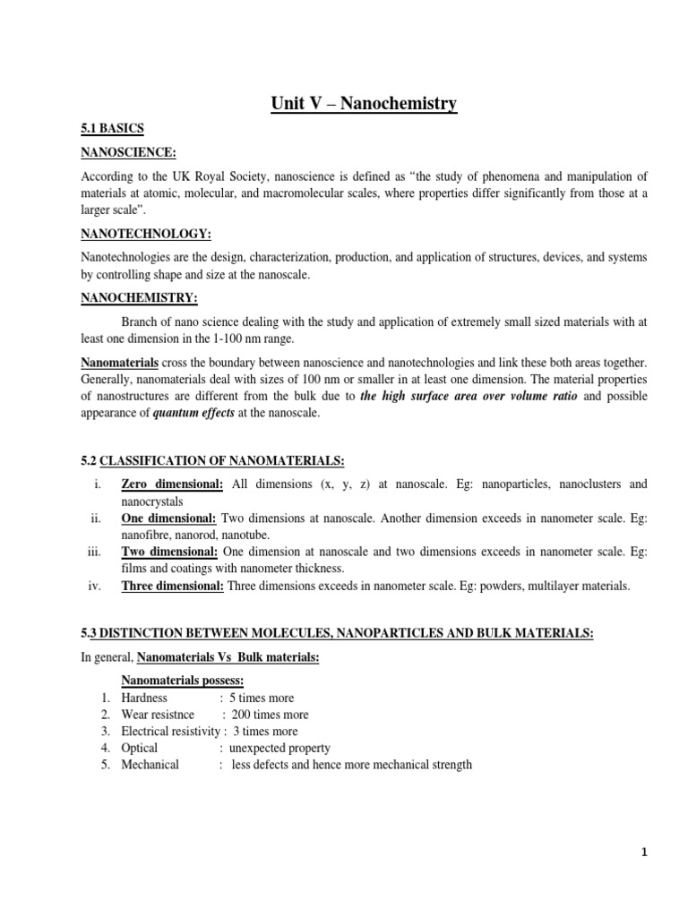 Nano Chemistry Notes - B. E I Year-1 | PDF | Nanomaterials | Nanotechnology