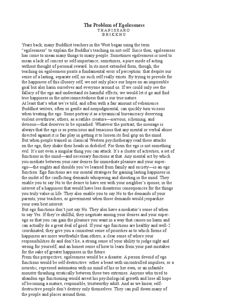The Problem of Egolessness: Thanissaro Bhikkhu | PDF | Happiness | Self