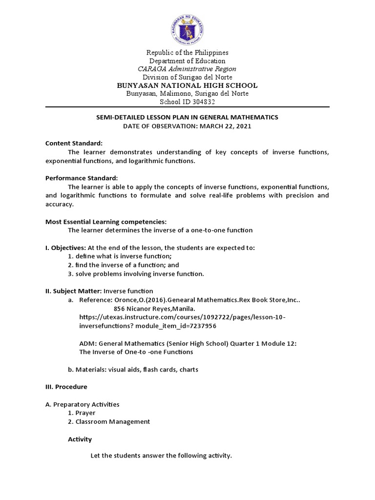 PIA-lesson Plan Inverse 2020-2021 | PDF | Function (Mathematics ...