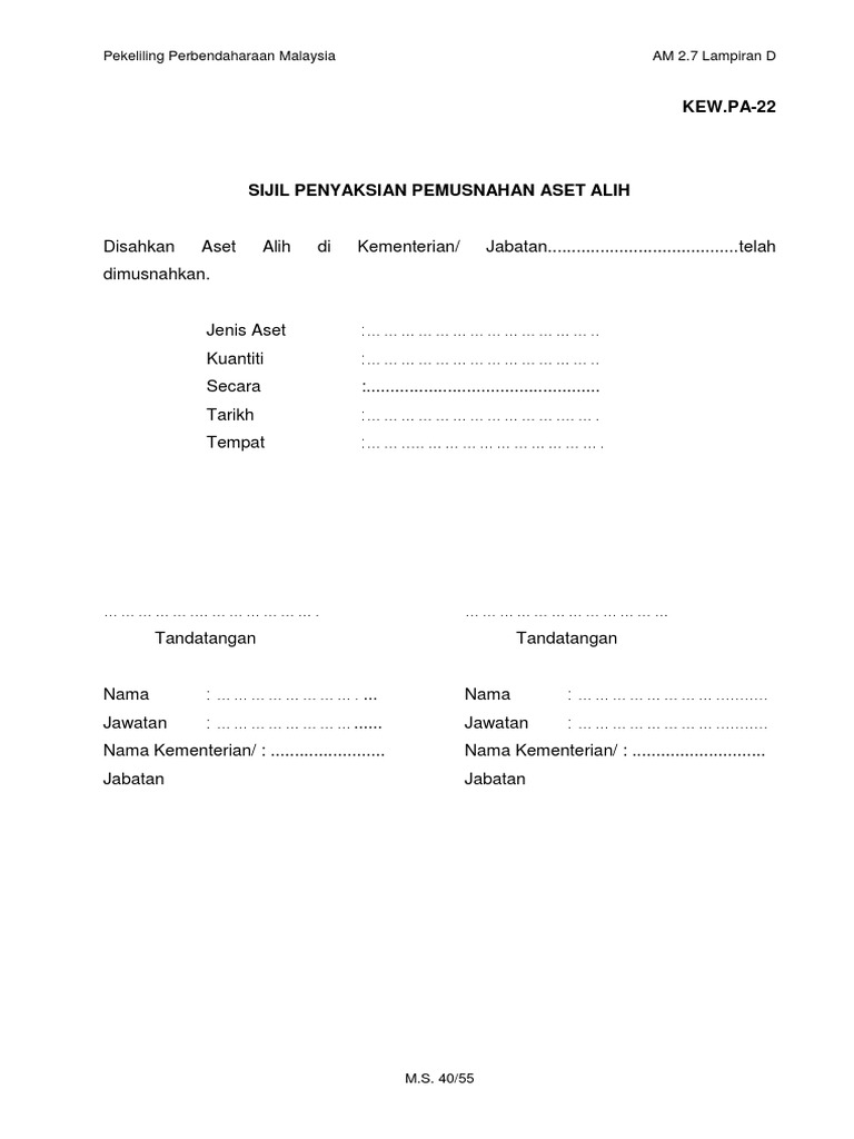 Sijil Pemusnahan Aset Alih KEW.PA-22 | PDF | Seni