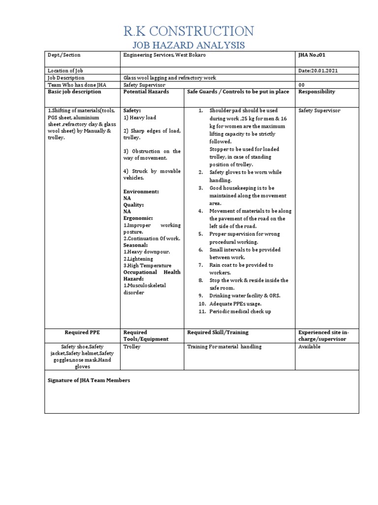 R.K Construction: Job Hazard Analysis | PDF | Personal Protective ...