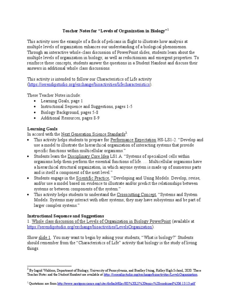 Teacher Notes For "Levels of Organization in Biology" | PDF | Cell ...