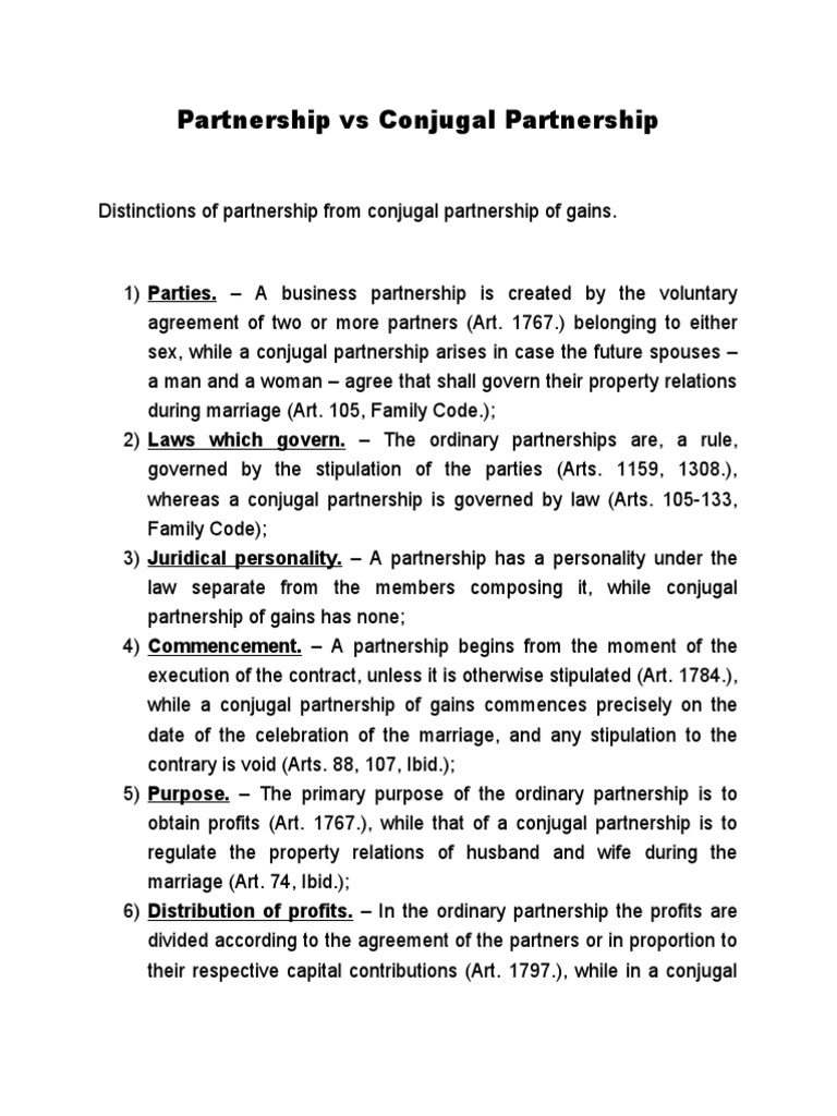Partnership Vs Conjugal Partnership | PDF | Partnership | Marriage