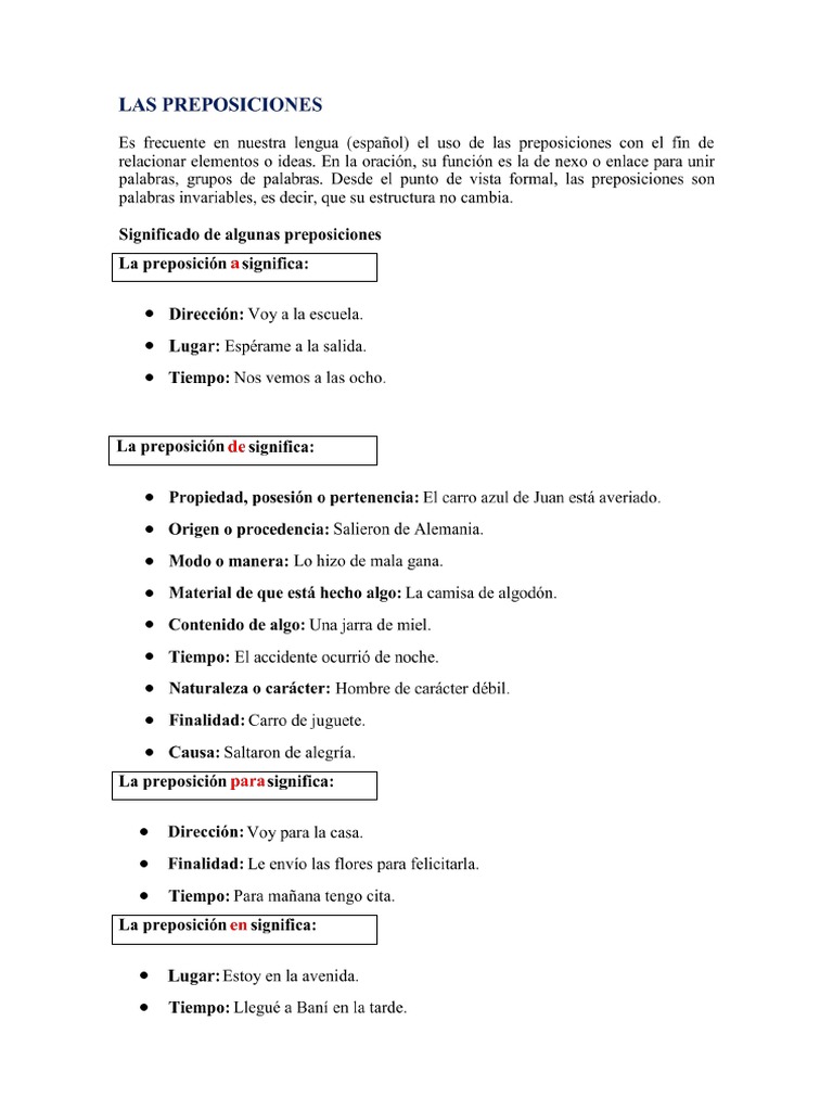 LAS PREPOSICIONES (Ejercicios) | PDF