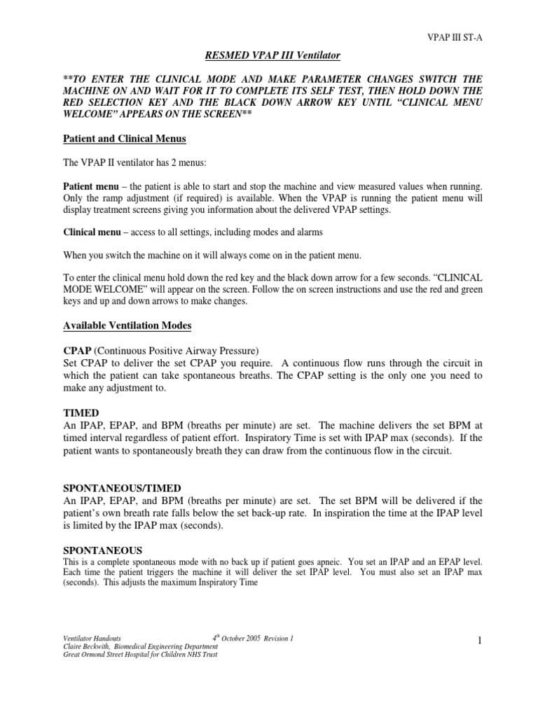 RESMED VPAP III ST-A Ventilator | PDF | Pulmonology | Clinical Medicine
