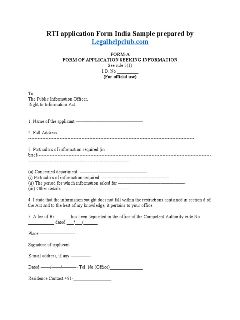 RTI Application Form India Sample Prepared by | PDF