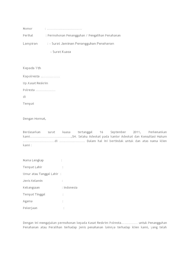 Contoh Surat Permohonan Penangguhan Penahanan | PDF