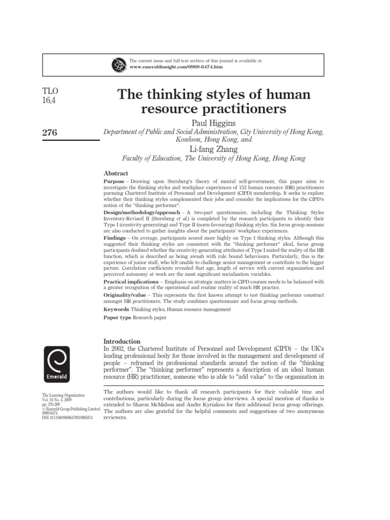 Thinking Styles of Human Resource Practitioners: An Analysis of CIPD ...