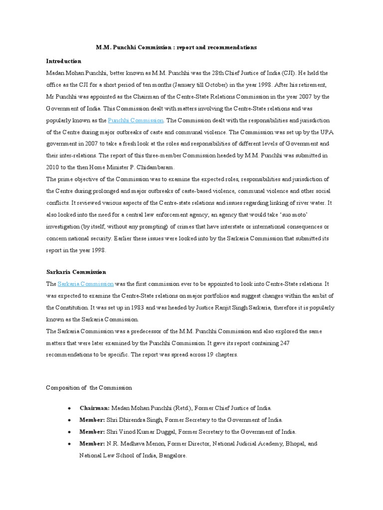 M.M. Punchhi Commission: Report and Recommendations | PDF | Veto | Policy