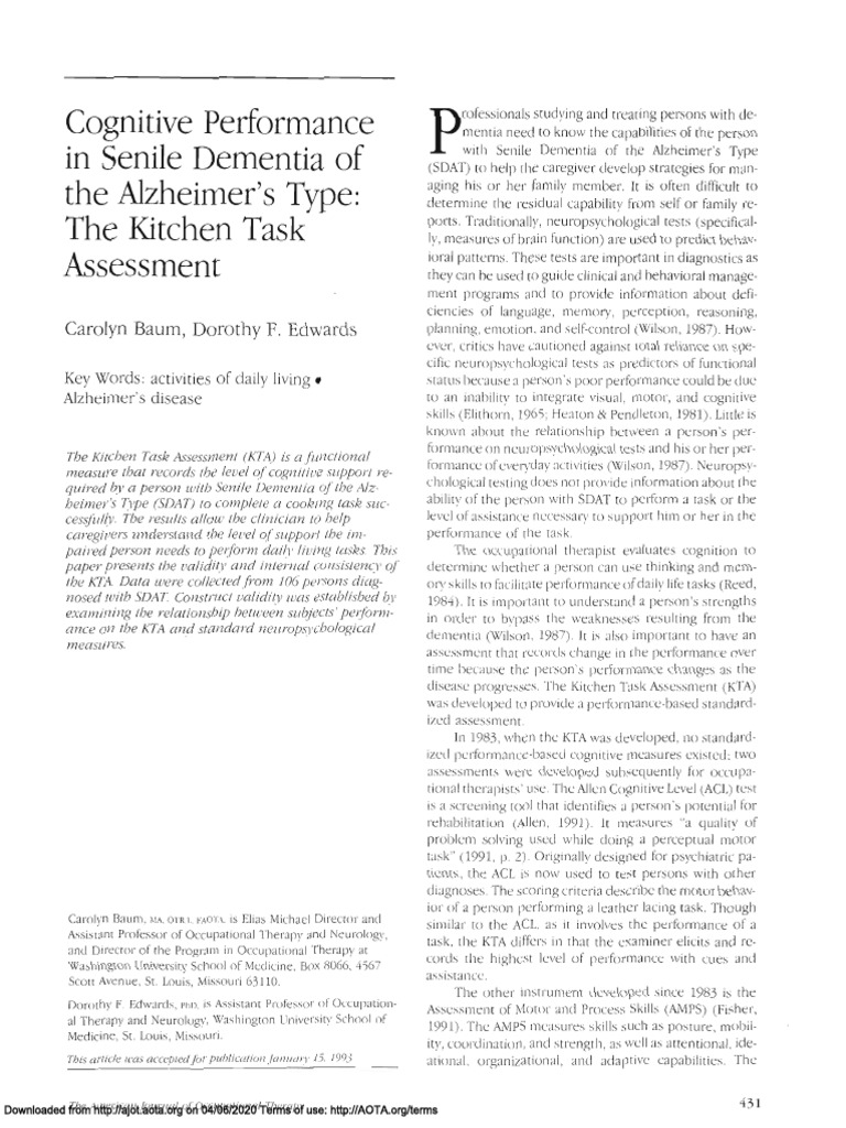 Cognitive Performance in Senile Dementia of The Alzheimer's Type: The ...