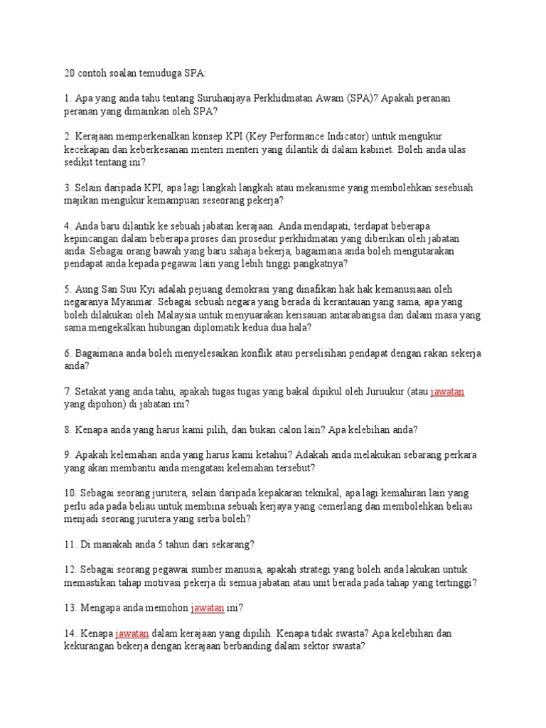 20 Contoh Soalan Temuduga SPA | PDF