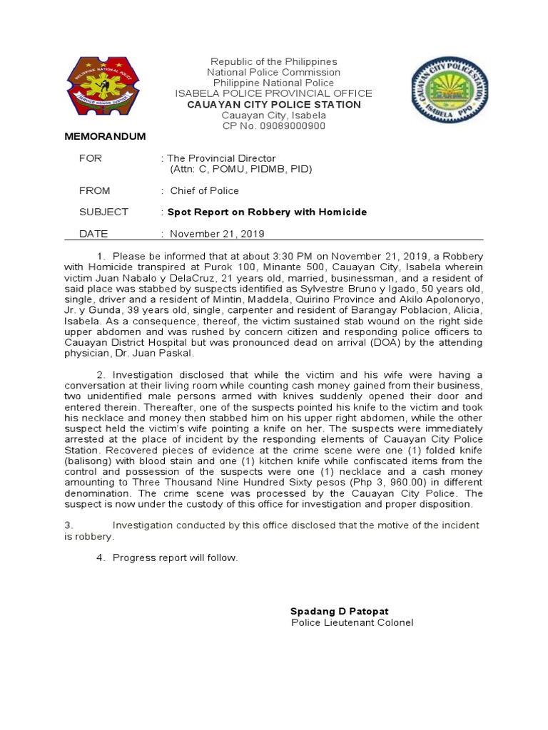 Spot Report: Robbery with Homicide in Cauayan | PDF | Crime Scene | Law ...