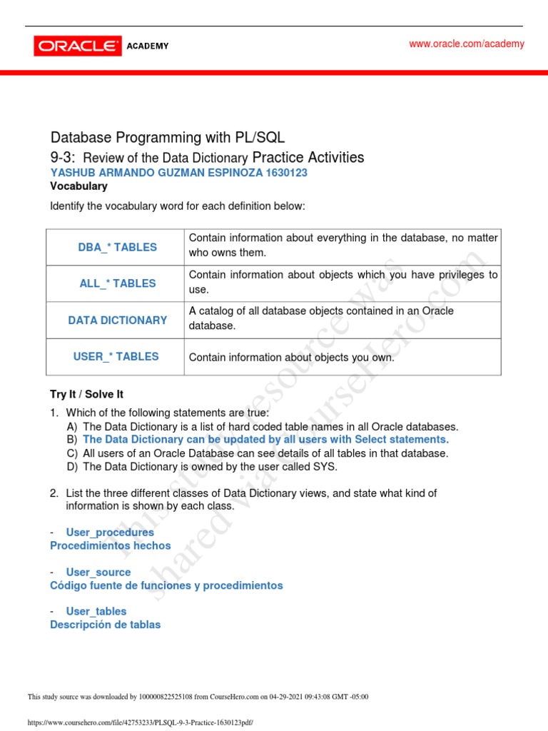 This Study Resource Was: Database Programming With PL/SQL 9-3: Practice Activities | PDF | Pl ...