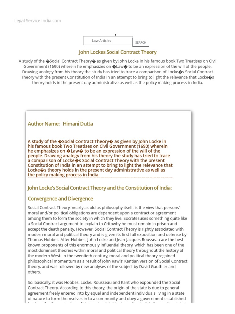 John Lockes Social Contract Theory: Law Articles | PDF | Social ...