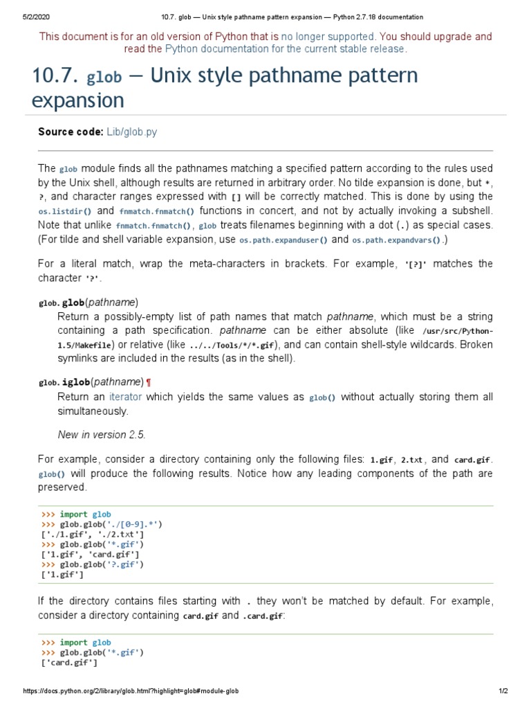 10.7. Glob - Unix Style Pathname Pattern Expansion - Python 2.7.18 Documentation | PDF ...