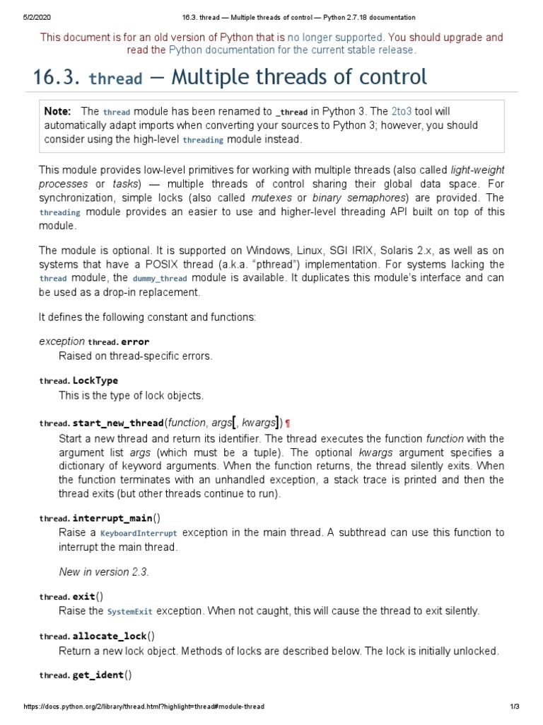 16.3. Thread - Multiple Threads of Control - Python 2.7.18 Documentation | PDF | Thread ...