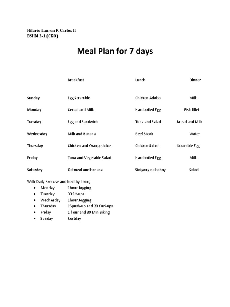 A Balanced Weekly Meal and Exercise Plan for Maintaining Health and ...