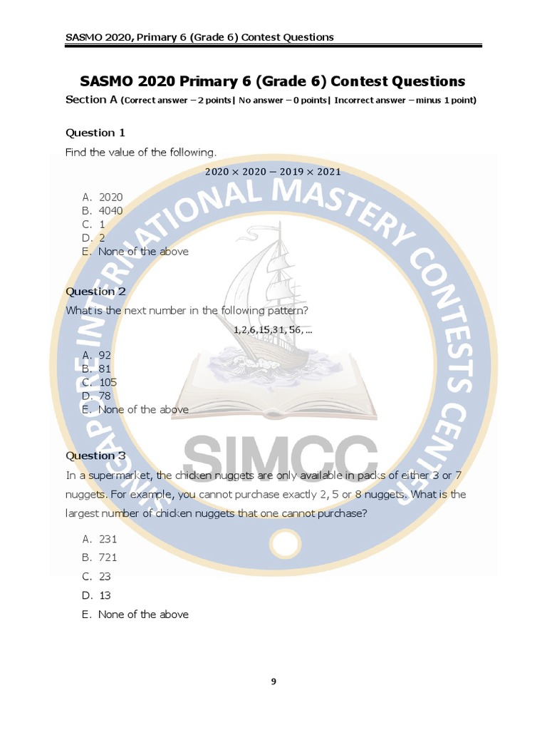 SASMO 2020 Grade 6 + Solution | PDF | Multiple Choice | Elementary ...