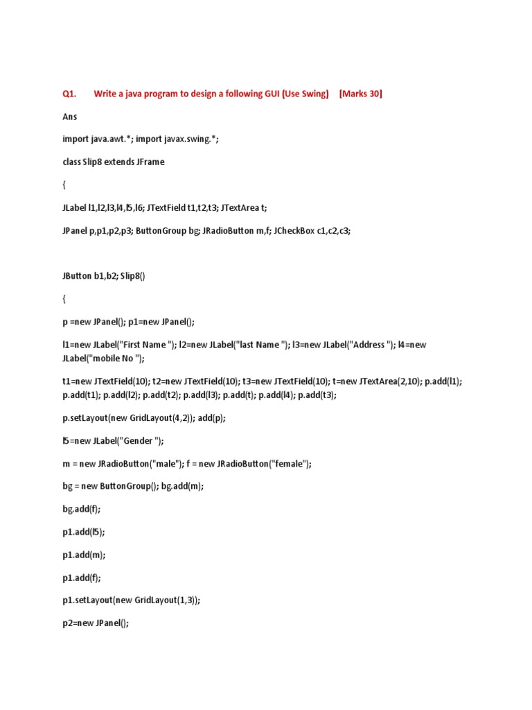 Q1. Write A Java Program To Design A Following GUI (Use Swing) (Marks 30) | PDF | Software ...