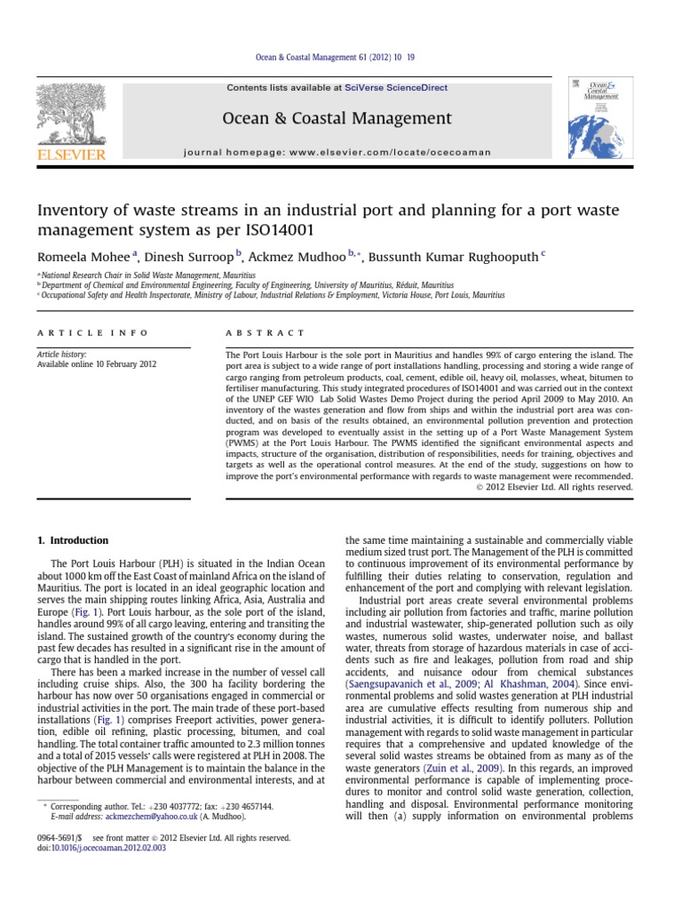 Inventory of Waste Streams in An Industrial Port and Plan 2012 Ocean ...