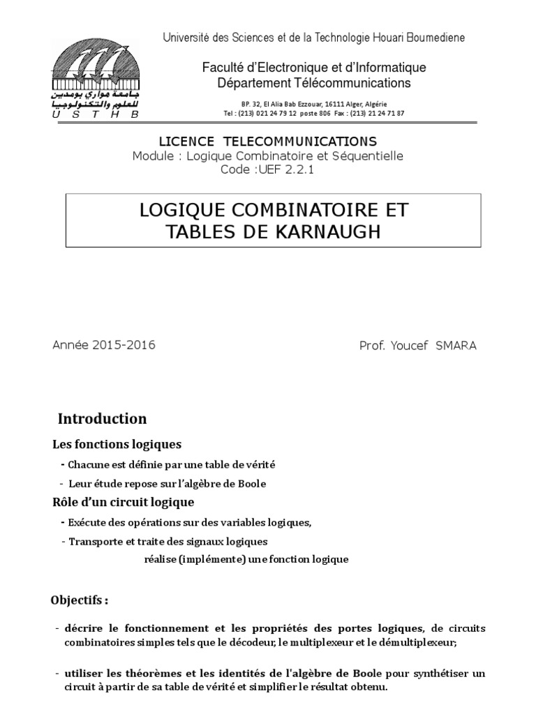 Algèbre de Boole et Tables de Karnaugh | PDF | Algèbre de Boole ...