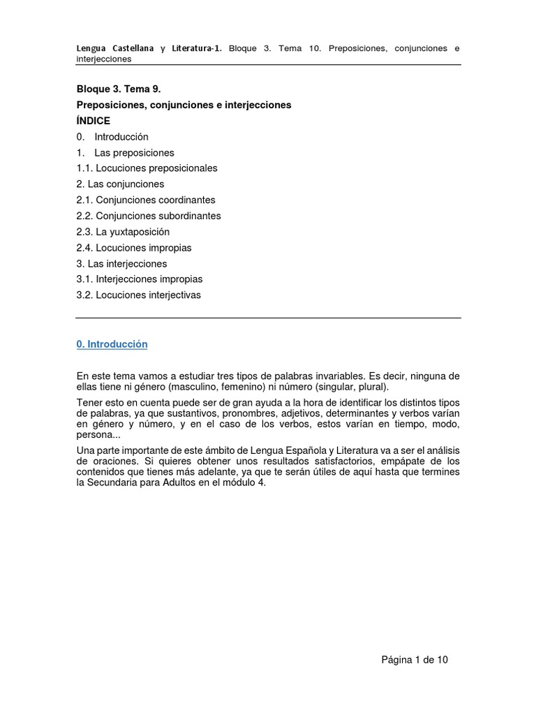 Tema 10 Preposiciones Conjunciones e Interjecciones | PDF | Preposición ...