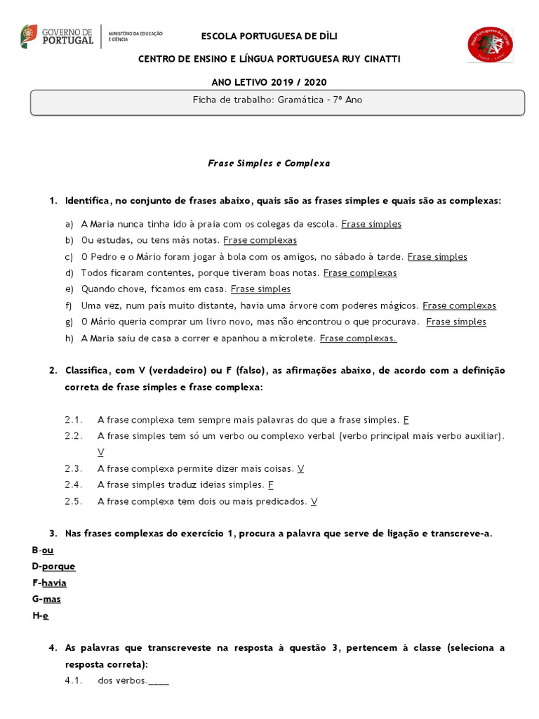Ficha de Gramática - Frase Simples e Complexa (Guardado Automaticamente) | PDF | Linguística ...