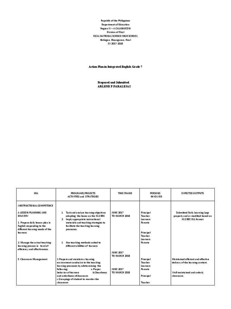 Action Plan in Integrated English Grade 7 | PDF | Reading Comprehension ...