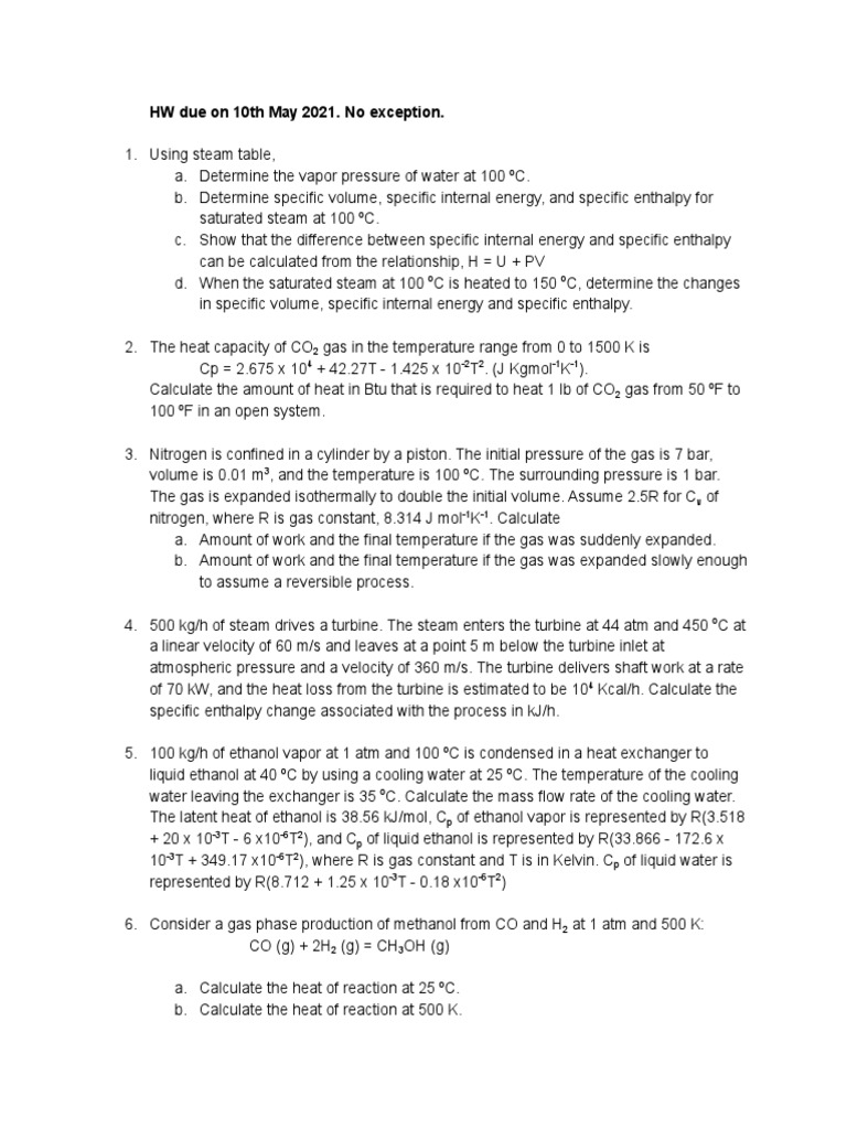 Thermodynamics Homework Assignments | PDF | Enthalpy | Heat