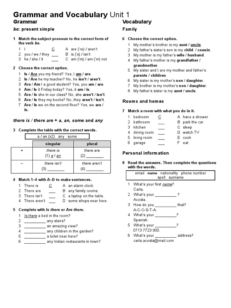 Grammar and Vocabulary Unit 1 | PDF | Syntactic Relationships ...