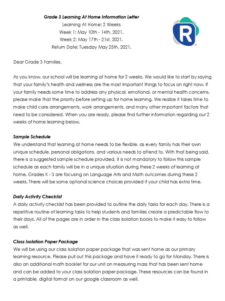 Grade 3 Learning at Home Information Letter | PDF | Classroom | Learning