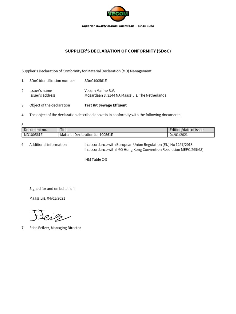 Supplier'S Declaration of Conformity (Sdoc) : Test Kit Sewage Effluent ...