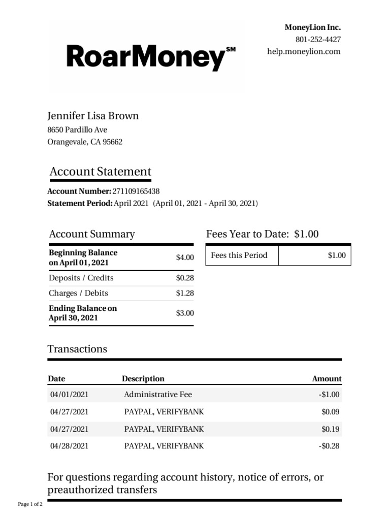 Moneylion Bank Statement Verify Paypal - MAY 2021 | PDF | Pay Pal | Banking