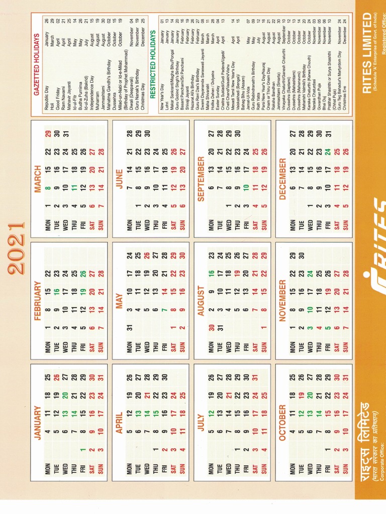 RITES Calendar 2021 | PDF