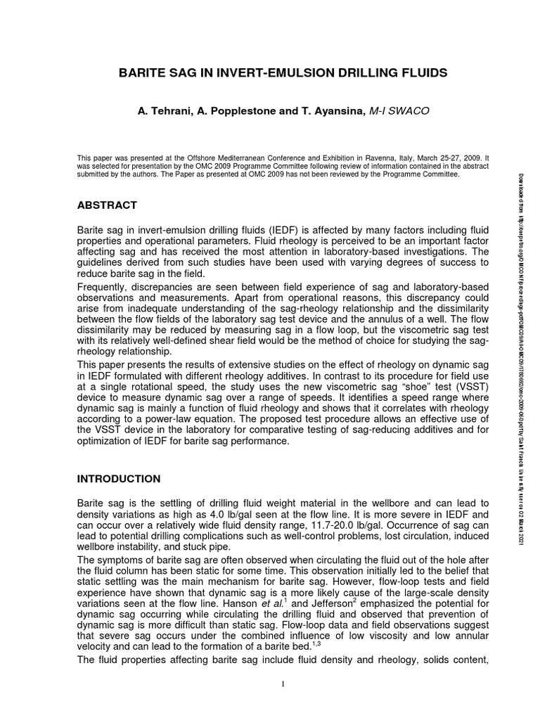 Barite Sag in Invert-Emulsion Drilling Fluids: A. Tehrani, A ...