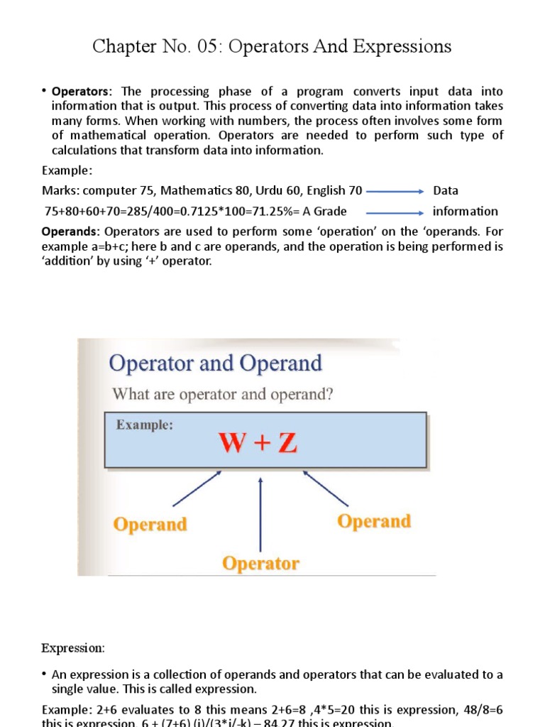 Chapter No. 05: Operators and Expressions: Operands: Operators Are Used ... Chapter No. 05: Operators and Expressions: Operands: Operators Are Used ...