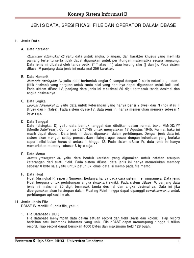 Jenis Data - Spesifikasi File Dan Operator Dalam Dbase | PDF