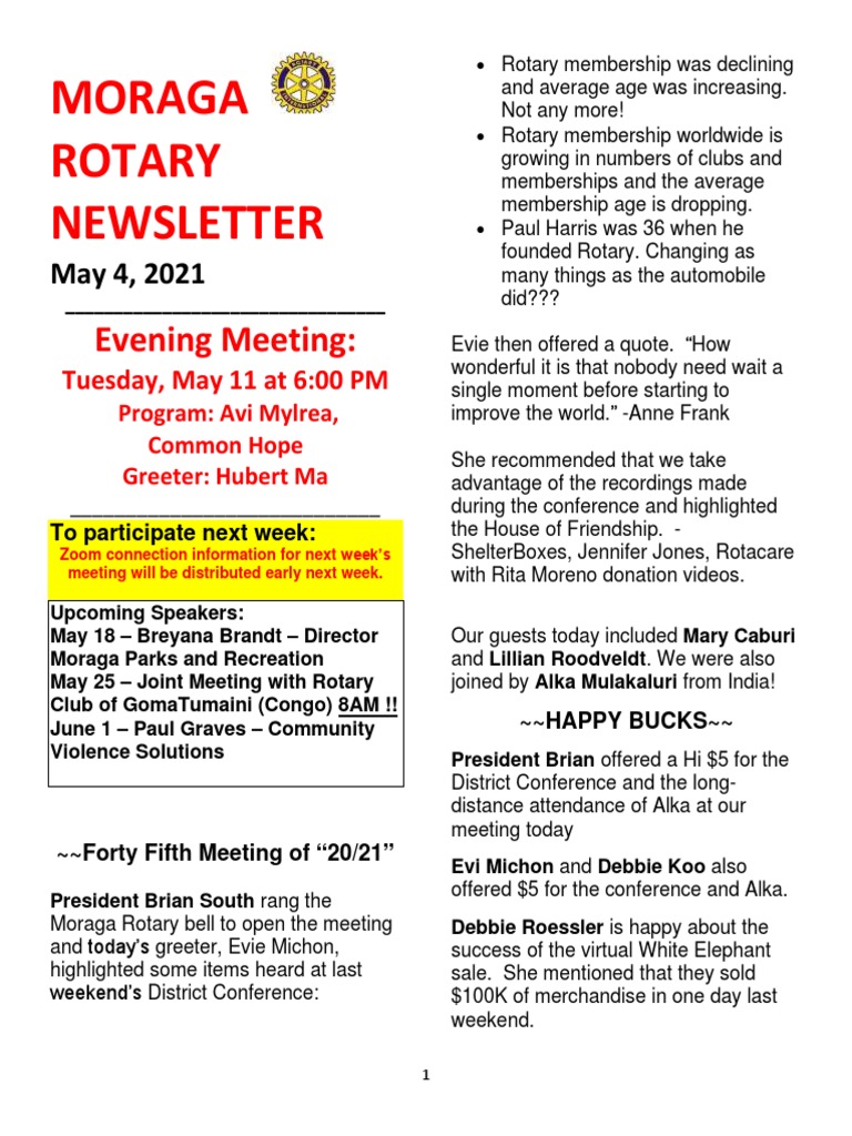 Moraga Rotary Newsletter May 4 2021 | PDF | Business