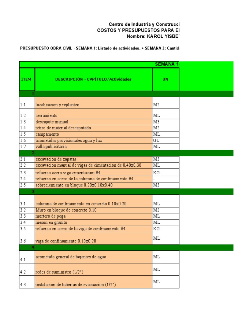 PRESUPUESTO OBRA CIVIL - SEMANA 1: Listado de Actividades. + SEMANA 3 ...
