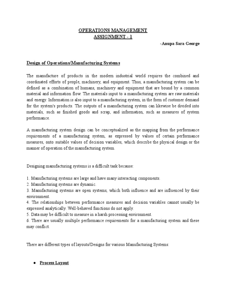 Operations Management Assignment - 1 - : Anupa Sara George | PDF ...
