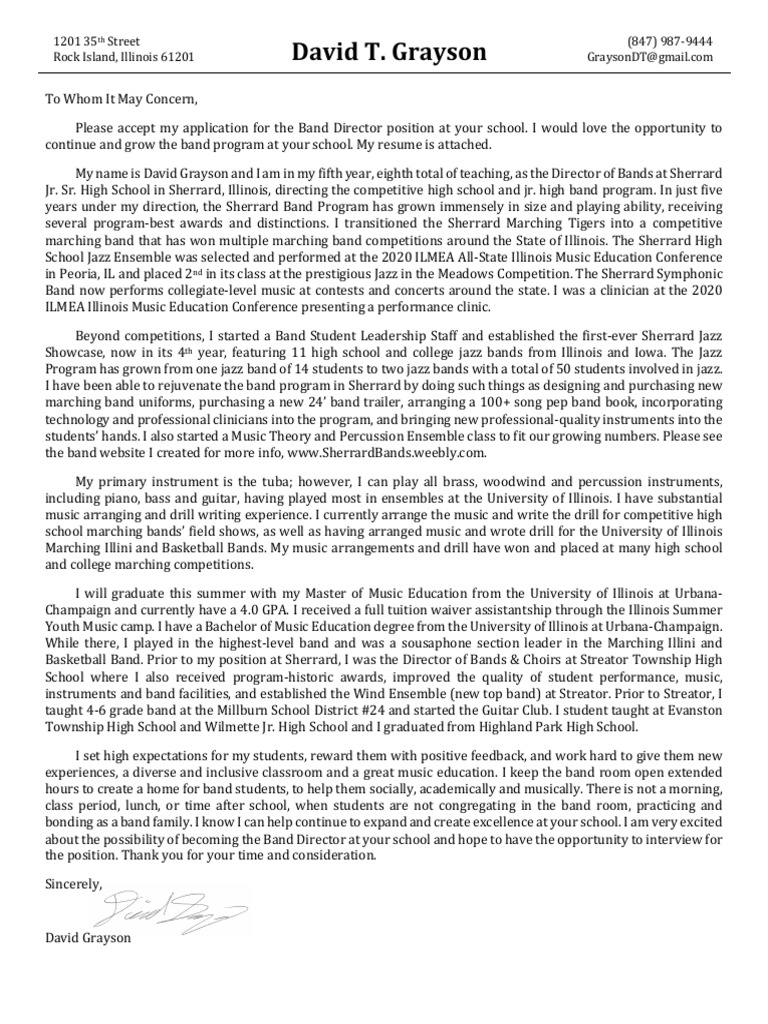 David Grayson - Cover Letter For Band | PDF | University Of Illinois At ...