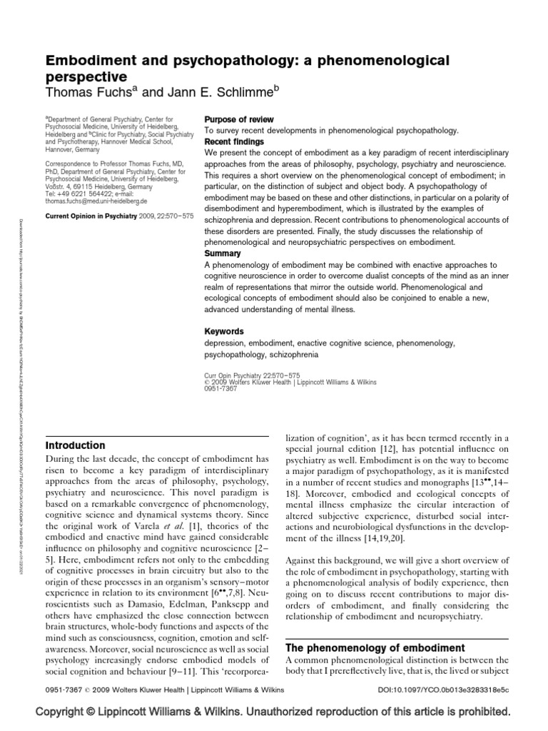 Embodiment and Psychopathology: A Phenomenological Perspective | PDF | Embodied Cognition ...