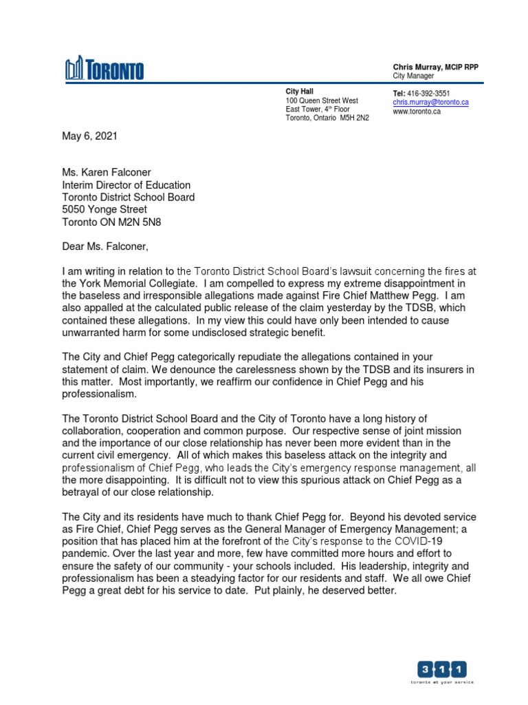 Letter To TDSB From Toronto City Manager | PDF