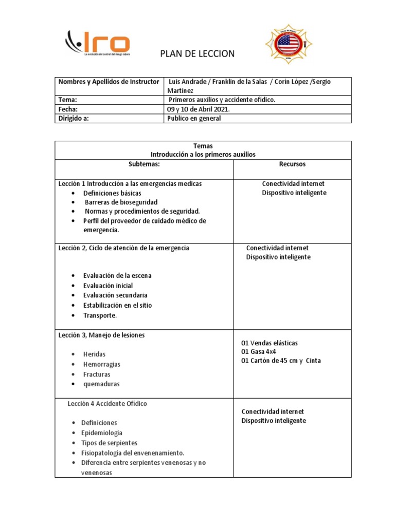 Plan de Leccion P.A. Inselsa | PDF | Primeros auxilios | Emergencias Médicas
