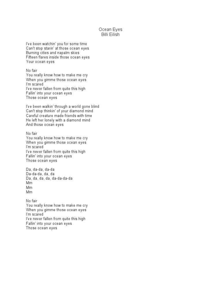 Billie Eilish's Ocean Eyes Lyrics | PDF | Art | Poetry