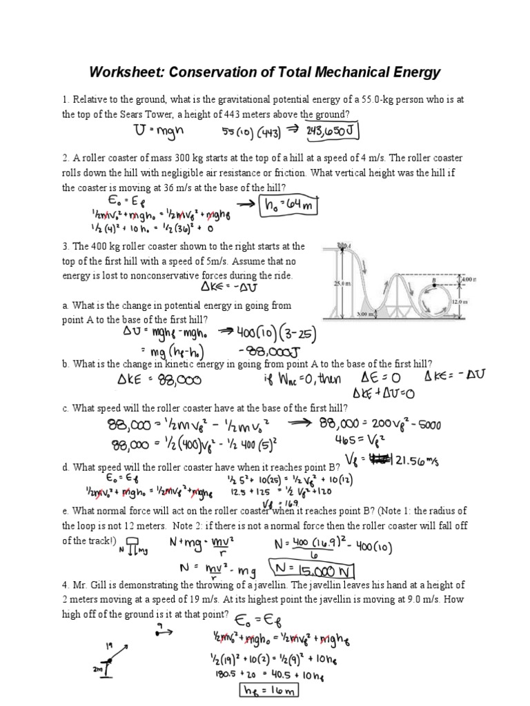 ANSWERS Worksheet Conservation of Total Mechanical Energy | PDF ...