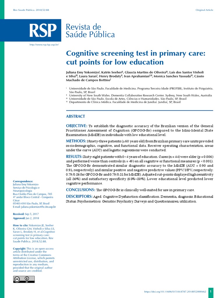 Cognitive Screening Test in Primary Care - Cut Points For Low Education ...