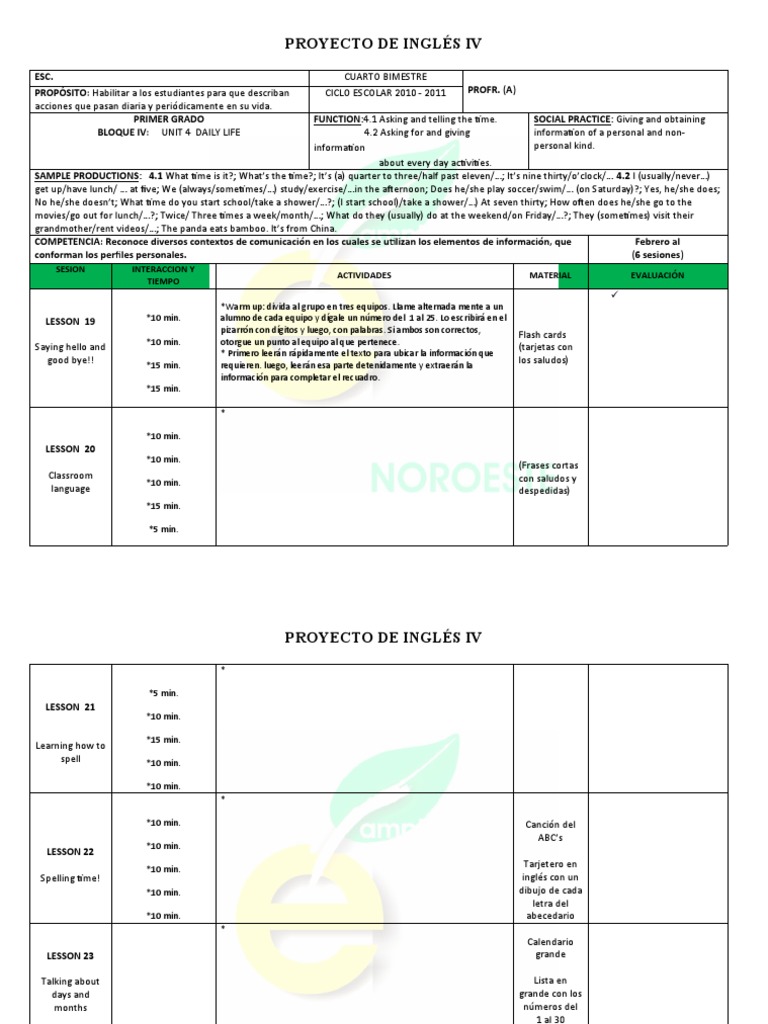 PLANEACIÓN INGLES 1° BLOQUE IV | Estudiantes | Idiomas